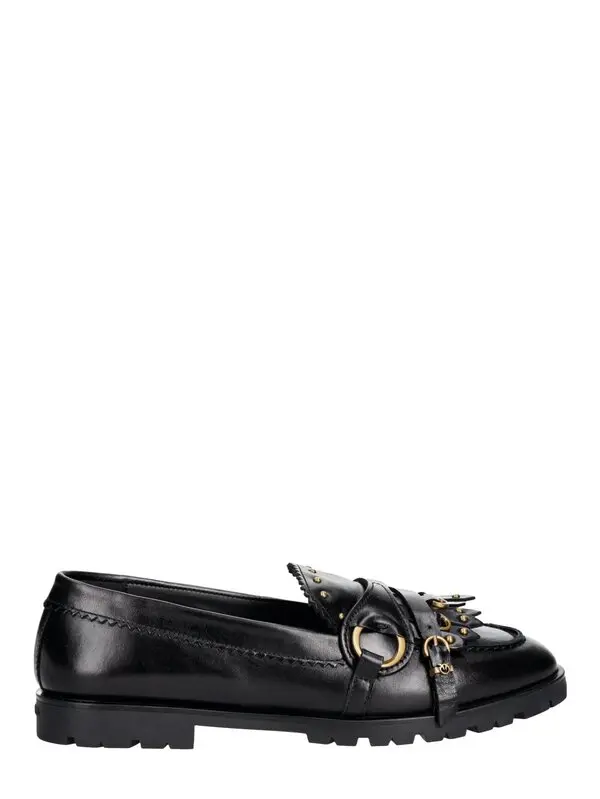 Pinko Round Toe Loafers With Decorative Metal Detail - Black