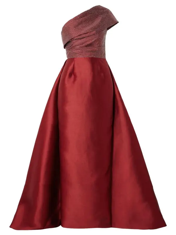 Solace One-shoulder Gown With Embellished Bodice And Voluminous Overlay Skirt - Ruby Red