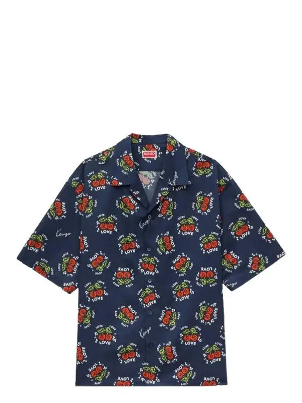 Kenzo Loves' Hawaiian Short Sleeve Shirt In Cotton Poplin - Blue-black