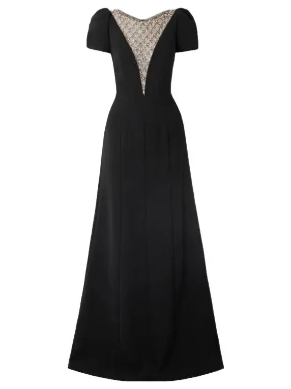 Jenny Packham Embellished Tulle-paneled Crepe Gown - Black