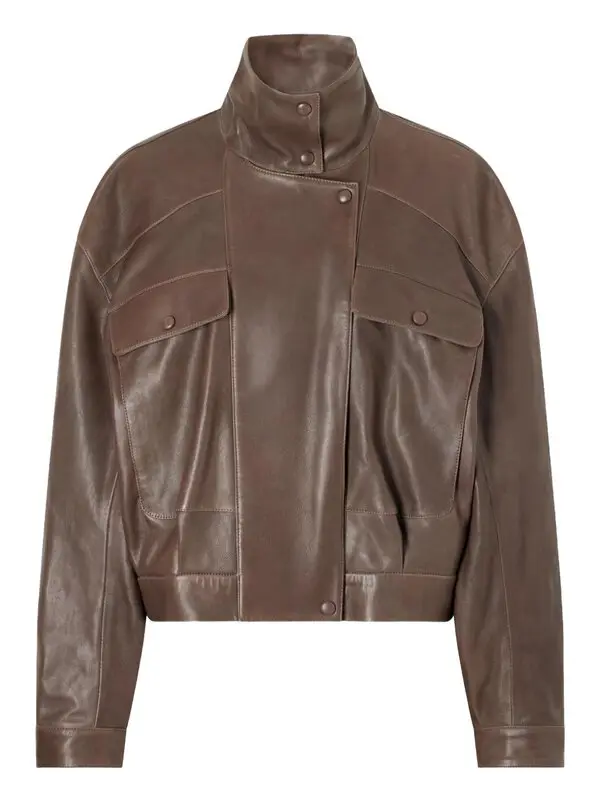 Nour Hammour Long-sleeved Leather Jacket With Stand Collar - Light Brown