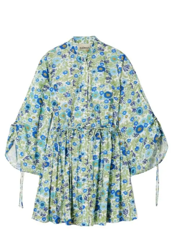 ALEMAIS Floral-print Organic Cotton-poplin Mini Dress - Blue