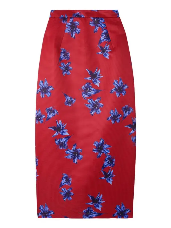 EMILIA WICKSTEAD Floral Print Faille Pencil Midi Skirt - Red