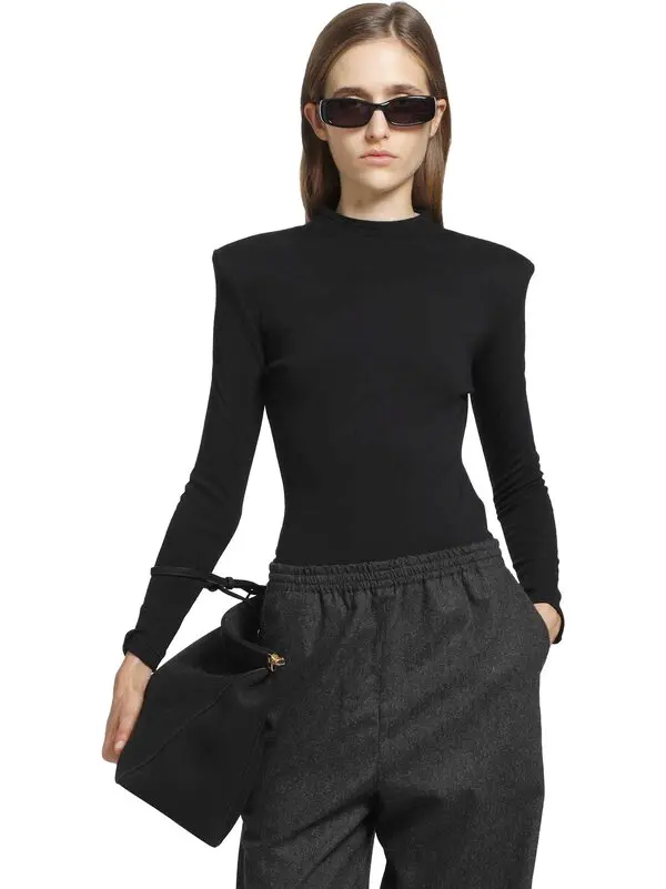JIL SANDER Wool Bodysuit With Mock Neck And Padded Shoulders - Black