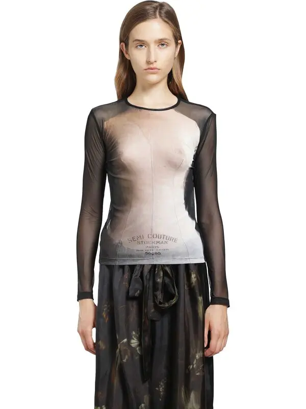IA LONDON Fitted Mesh Top With Graphic Print - Black