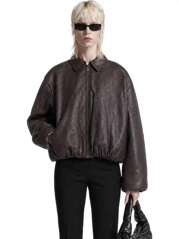 Magda Butrym Cropped Distressed Leather Bomber Jacket - Brown