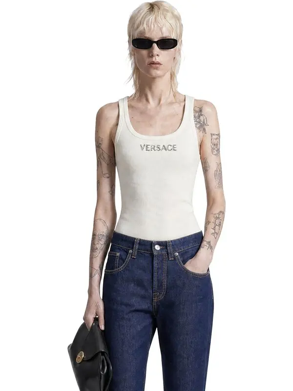 Versace Embroidered Ribbed Wool Top - Beige