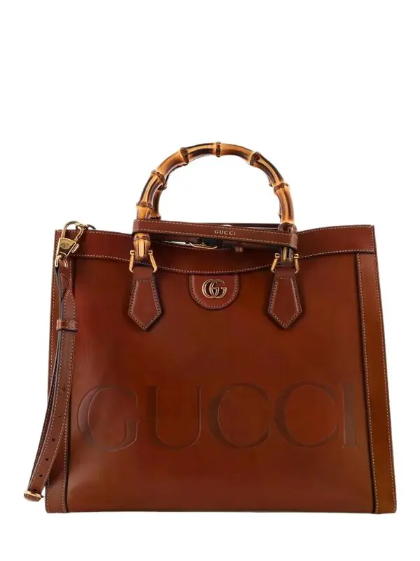 Gucci Diana Nm Logo Bamboo Handle Tote Embossed Leather Medium Shoulder Bag - Brown