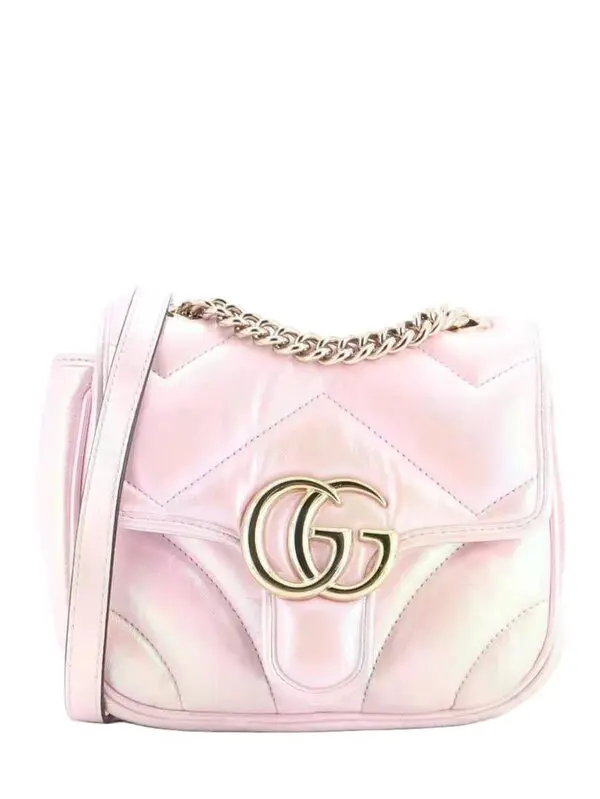 Gucci Gg Marmont Square Flap Bag Chevron Iridescent Leather Mini Shoulder Bag - Pink