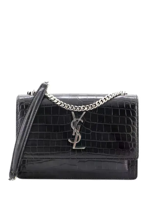 Saint Laurent Sunset Chain Wallet Crocodile Embossed Leather Crossbody Bag - Black