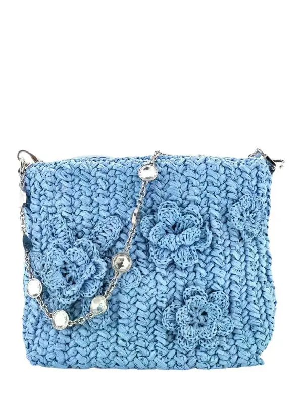 Miu Miu Flower Crystal Chain Woven Raffia Shoulder Bag - Blue