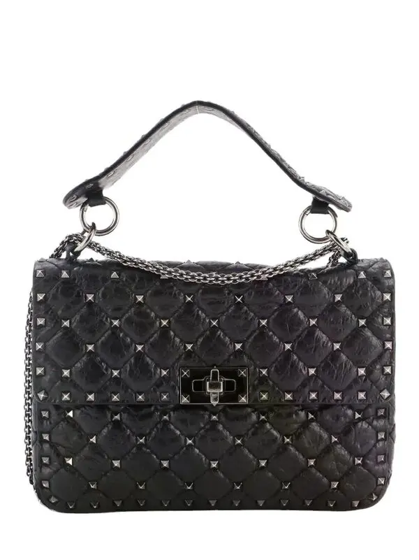 Valentino Garavani Rockstud Spike Flap Bag Crystal Embellished Quilted Leather Medium Shoulder Bag - Black