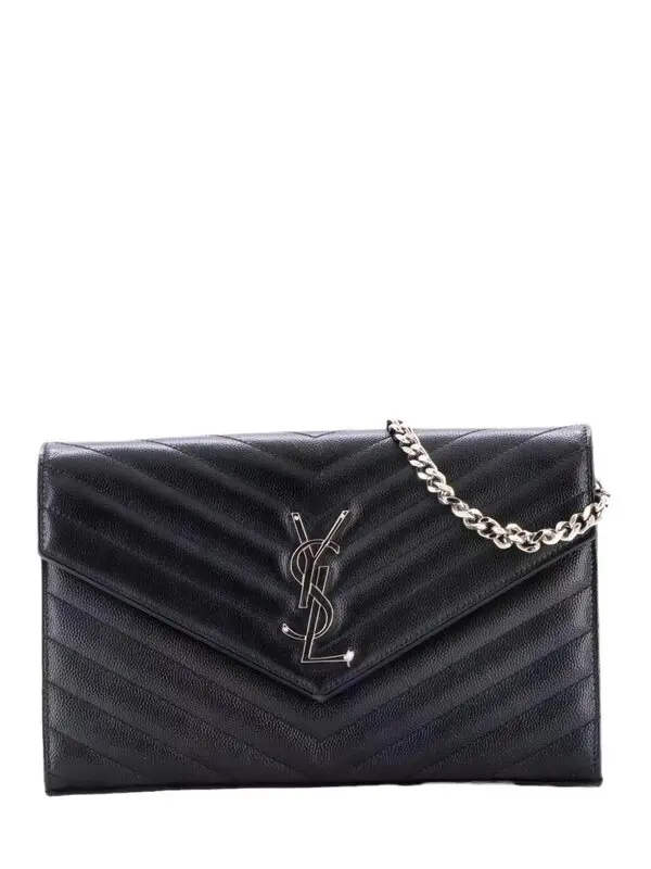 Saint Laurent Classic Monogram Wallet On Chain Matelasse Chevron Leather Medium Crossbody Bag - Black