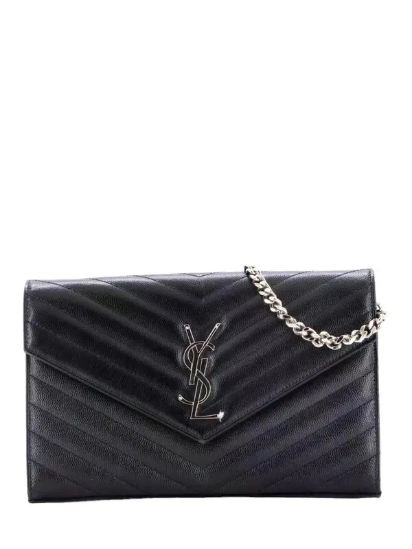 Saint Laurent Matelassé Chevron Leather Monogram Wallet On Chain Bag - Black