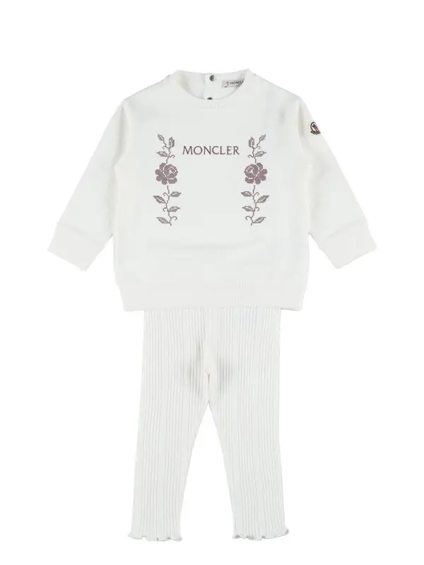 Moncler Baby Cream Set: Floral Embroidered Sweatshirt & Rib-knit Leggings - Bianco