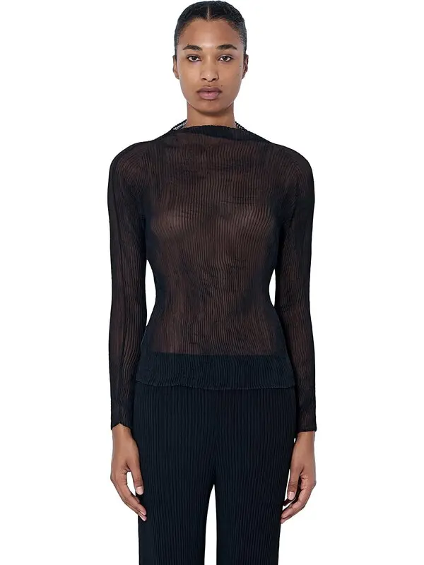 Issey Miyake Sheer Pleated Long-sleeve Top - Black