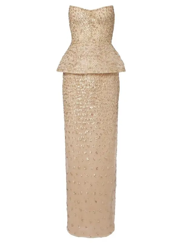 Monique Lhuillier Embellished Peplum Bustier Gown - Beige