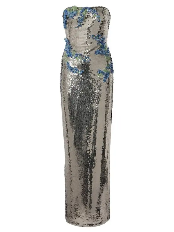 Monique Lhuillier Sequined Bustier Gown With Floral Appliqu - Silver