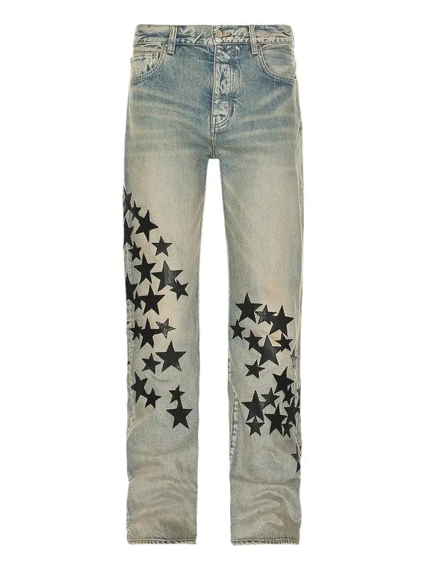 Amiri Leather Star Straight Leg Jeans - Grey