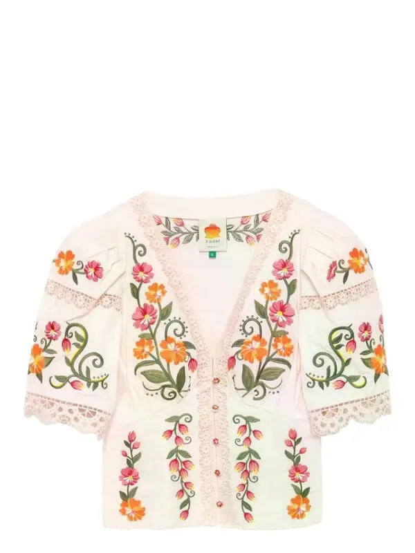 Farm Rio Embroidered Puff-sleeve Blouse - Pink
