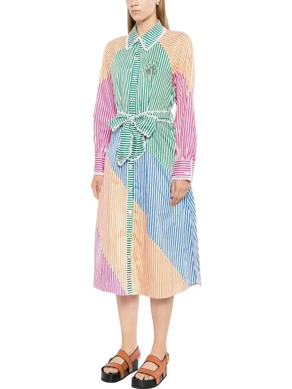 Farm Rio Midi Belted Shirt Dress With Striped Panels - White