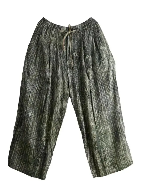 ZIGGY CHEN Silk Geometric Pattern Wide Leg Drawstring Trousers - Green