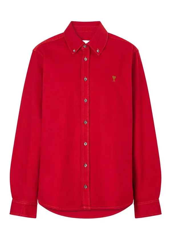 AMI Paris Logo Embroidered Cotton Twill Shirt - Red