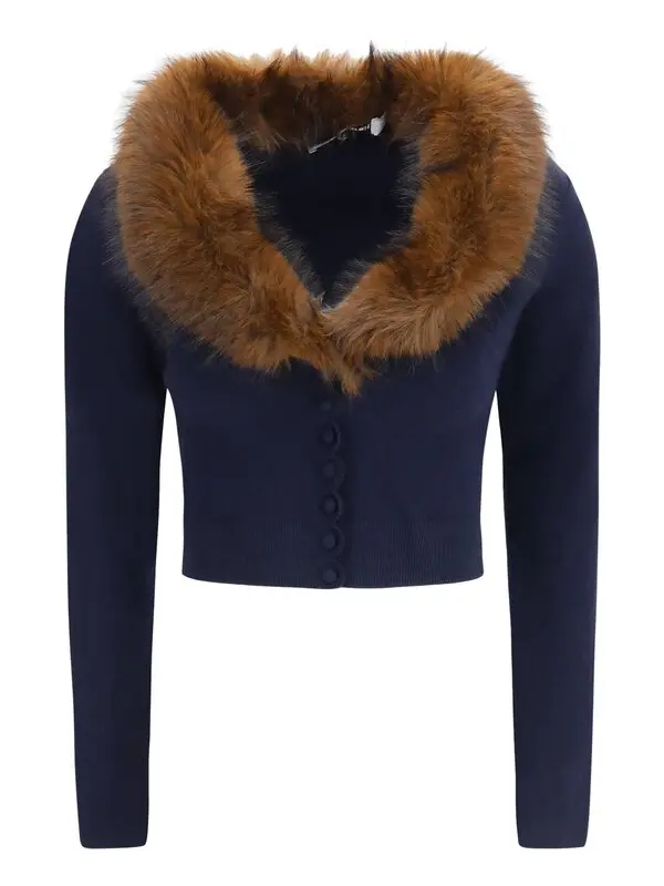 SELF-PORTRAIT Cropped Cardigan With Detachable Faux Fur Collar - Blue