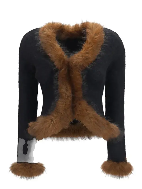 SELF-PORTRAIT Faux Fur Trimmed Knit Cardigan - Blue