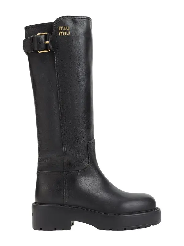 Miu Miu Leather Knee-high Buckled Lug Sole Boots - Black