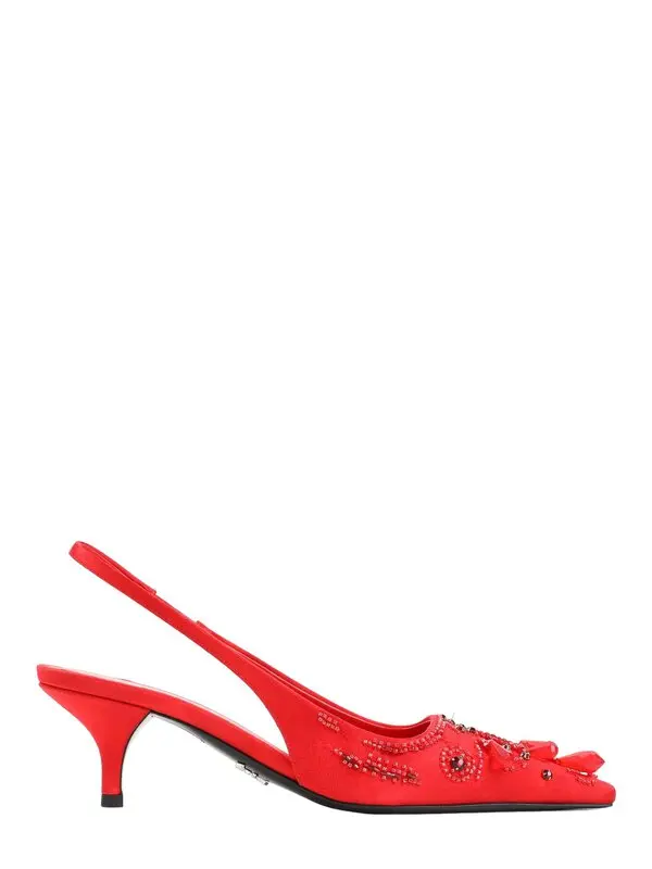 Prada Embellished Satin Slingback Kitten Heel Pumps - Red