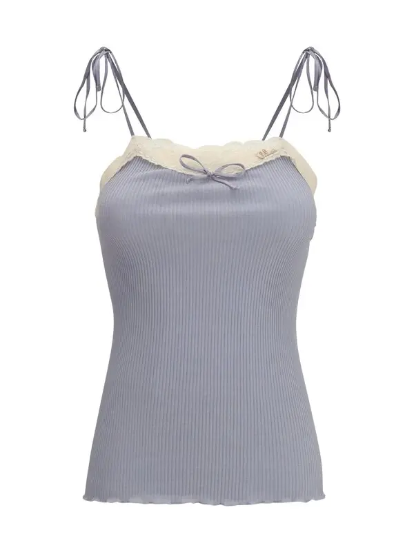 Chloé Ribbed Cotton Jersey Thin Strap Top With Lace Trim - Blue