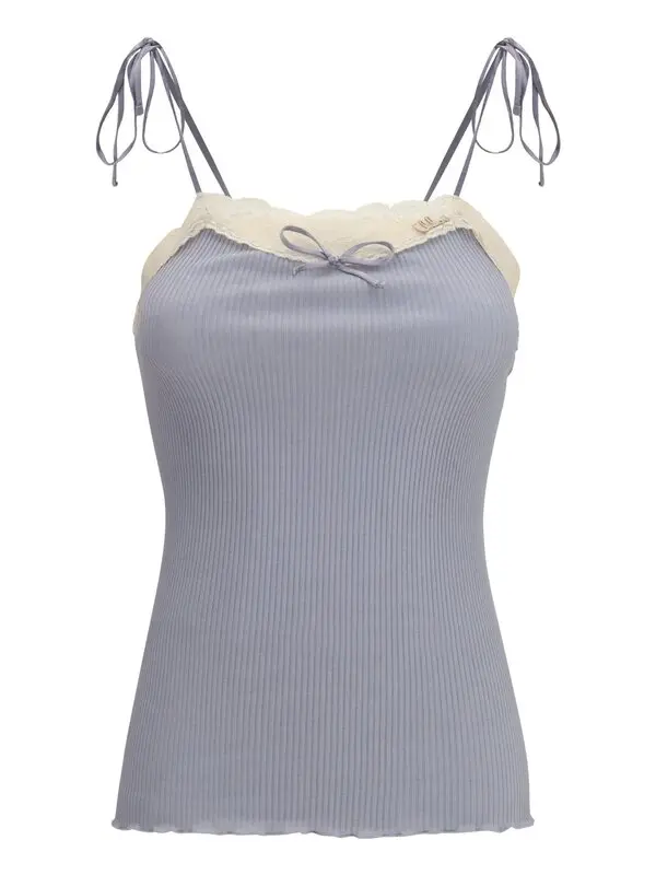 Chloé Ribbed Cotton Jersey Thin Strap Top With Lace Trim - Blue