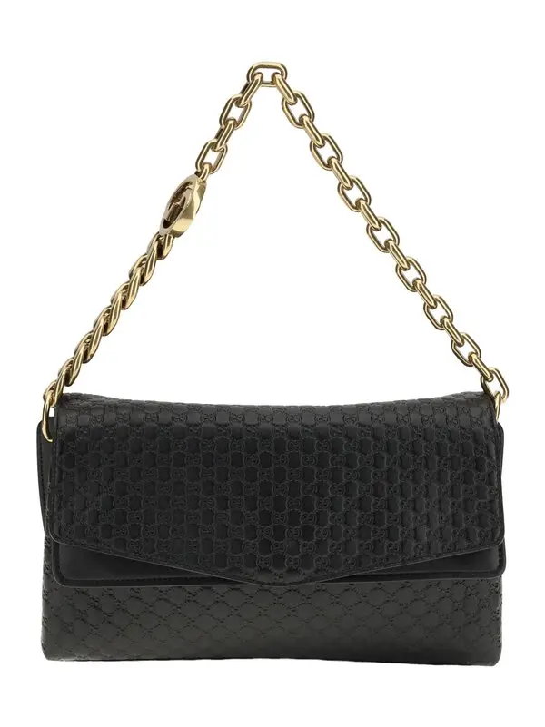 Gucci Medium Chain Shoulder Bag In Embossed Gg Grained Leather - Black