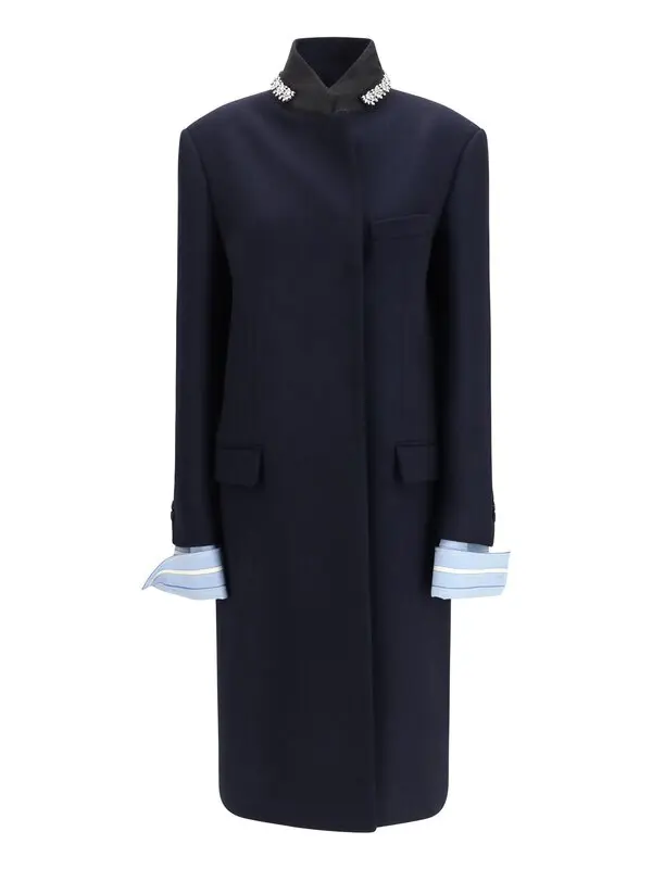 Prada Double Wool Coat With Embellished Collar - Blue