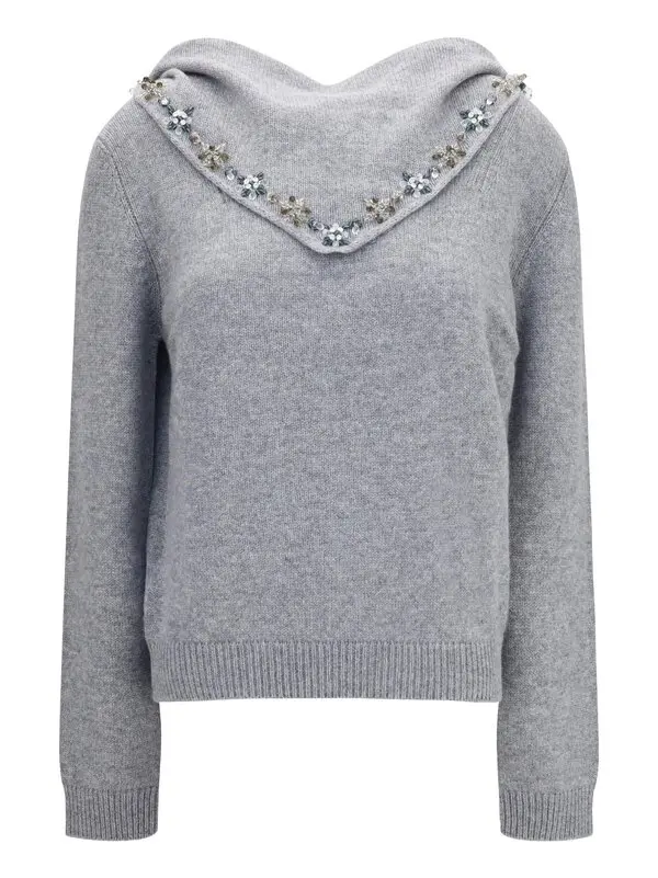 Prada Sweater With Integrated Embroidered Scarf - Gray