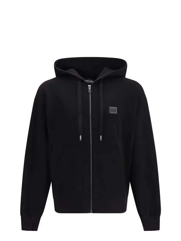 Dolce & Gabbana Cotton Hoodie With Dg Plaque - Black