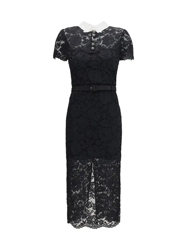 SELF-PORTRAIT Lace Contrast Collar Midi Dress - Black
