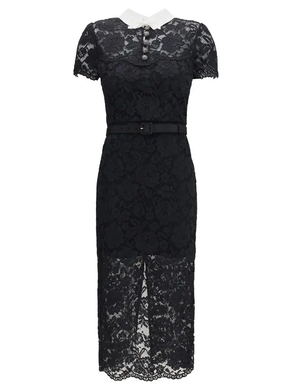 SELF-PORTRAIT Lace Contrast Collar Midi Dress - Black