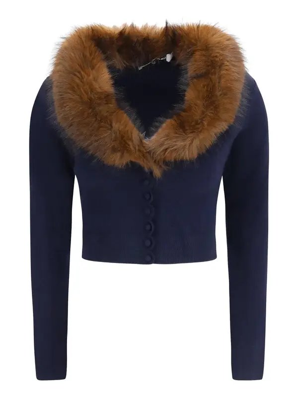 SELF-PORTRAIT Knit And Faux Fur Cardigan - Blue
