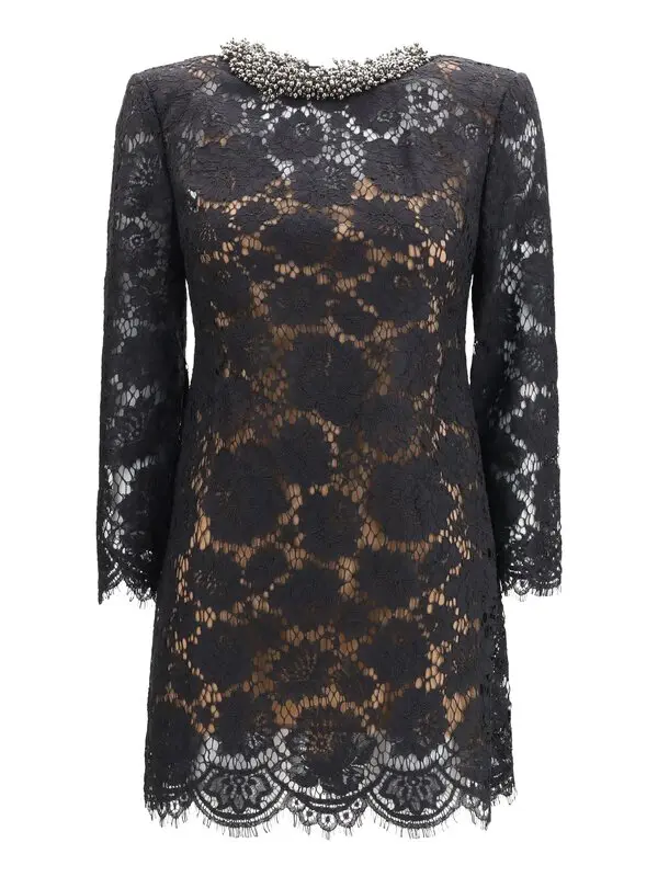 SELF-PORTRAIT Lace Embellished Crew Neck Mini Dress - Black