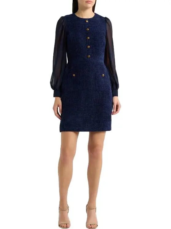 Eliza J Long Sleeve Mixed Media Sheath Dress - Navy