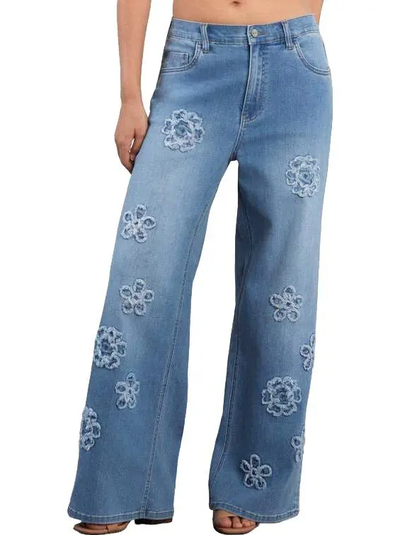 HINT OF BLU Floral Appliqué Straight Leg Jeans - Denim Sky