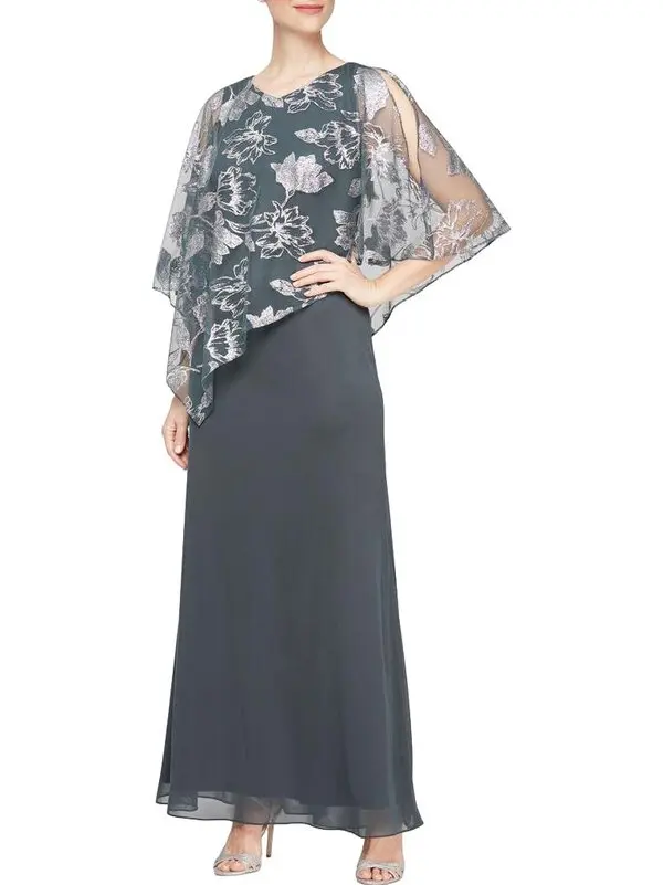 SL FASHIONS Metallic Floral Chiffon Cape Gown - Smoke/silver