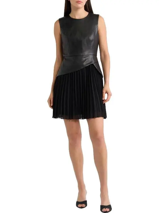 Sam Edelman Sleeveless Faux Leather Dress With Pleated Chiffon Skirt - Black