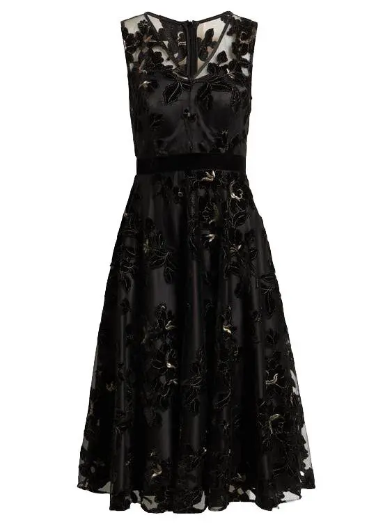 Eliza J Floral Appliqué V-neck Sleeveless Party Dress - Black