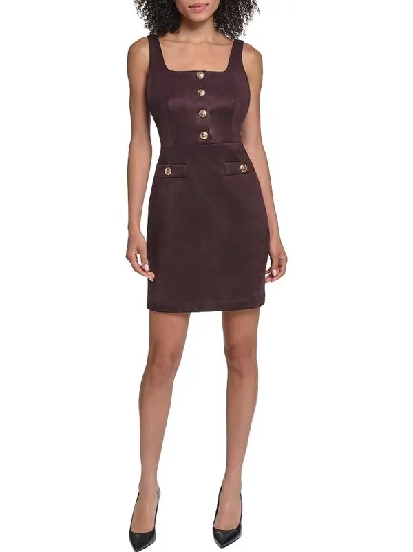 Karl Lagerfeld Paris Sleeveless Faux Suede Sheath Dress With Button Detail - Espresso