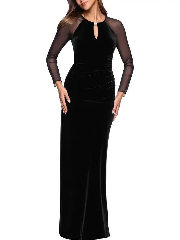 Betsy & Adam Mesh Long Sleeve Ruched Velvet Gown - Black