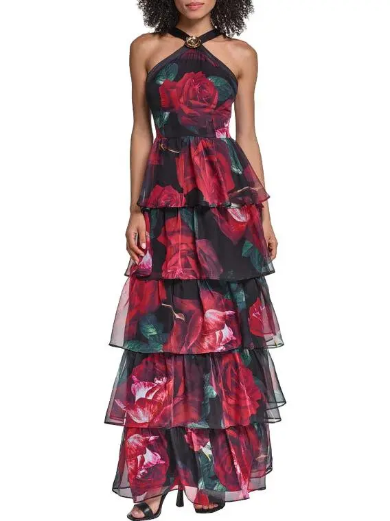 Karl Lagerfeld Paris Floral Halter Neck Tiered Gown - Black Multi