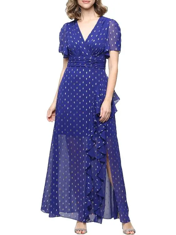 SL FASHIONS Foil Dot Chiffon Gown - Iris
